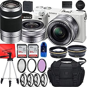 Camera Bundle for Sony Alpha a6000 Mirrorless Digital Camera with 16-50mm and 55-210mm Lenses (White) Must Have Bundle with Wide Angle and Telephoto Lens + Accessories (Renewed)