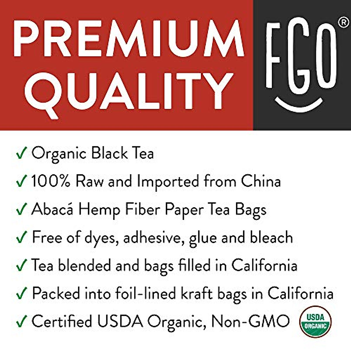 Organic Black Tea Bags | 100 Tea Bags | Eco-Conscious Tea Bags in Kraft Bag | Raw from China | by FGO