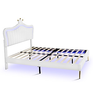 CITYLIGHT Queen Size Upholstered Princess Bed with Crown Headboard, Wood Cute Kids Bed Frame Queen with LED Lights and Metal Legs for Girls, No Box Spring Required (Queen,White)
