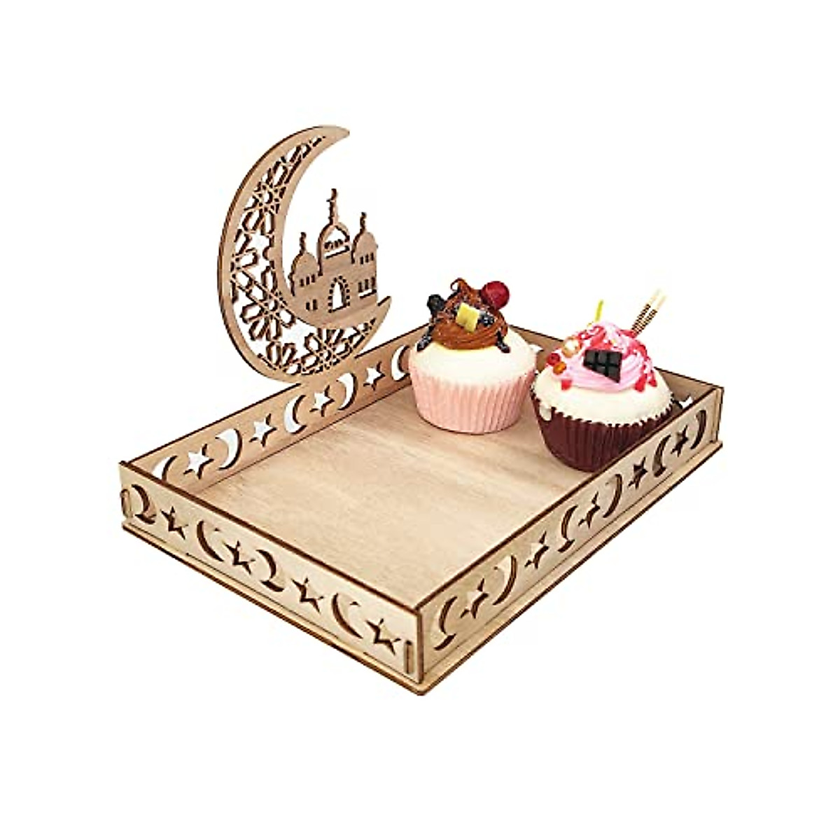 Ramadan Wood Tray Mubarak Party Food Tray Moon & Star Tray Table Decorations Small Wood Tray for Home Party Bedroom Eid Ornaments Eid Crafts