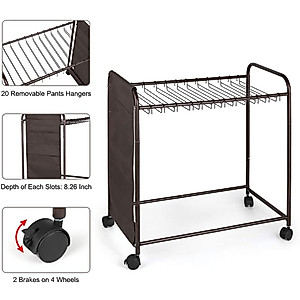 Pants Hangers Rolling Trolley Rack with 20 Hangers and Side Bag Metal Pants Rack Closet Organizer for Jeans Trousers Scarves Skirts, Bronze