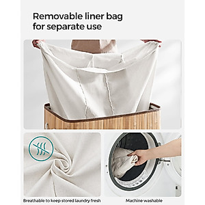 SONGMICS Laundry Hamper, 39.6 Gallons (150L), 3-Section Laundry Basket, Laundry Hamper with Lid, Bamboo, Foldable, Removable and Machine Washable Liner, for Laundry Room, Bedroom, Natural ULCB091N01