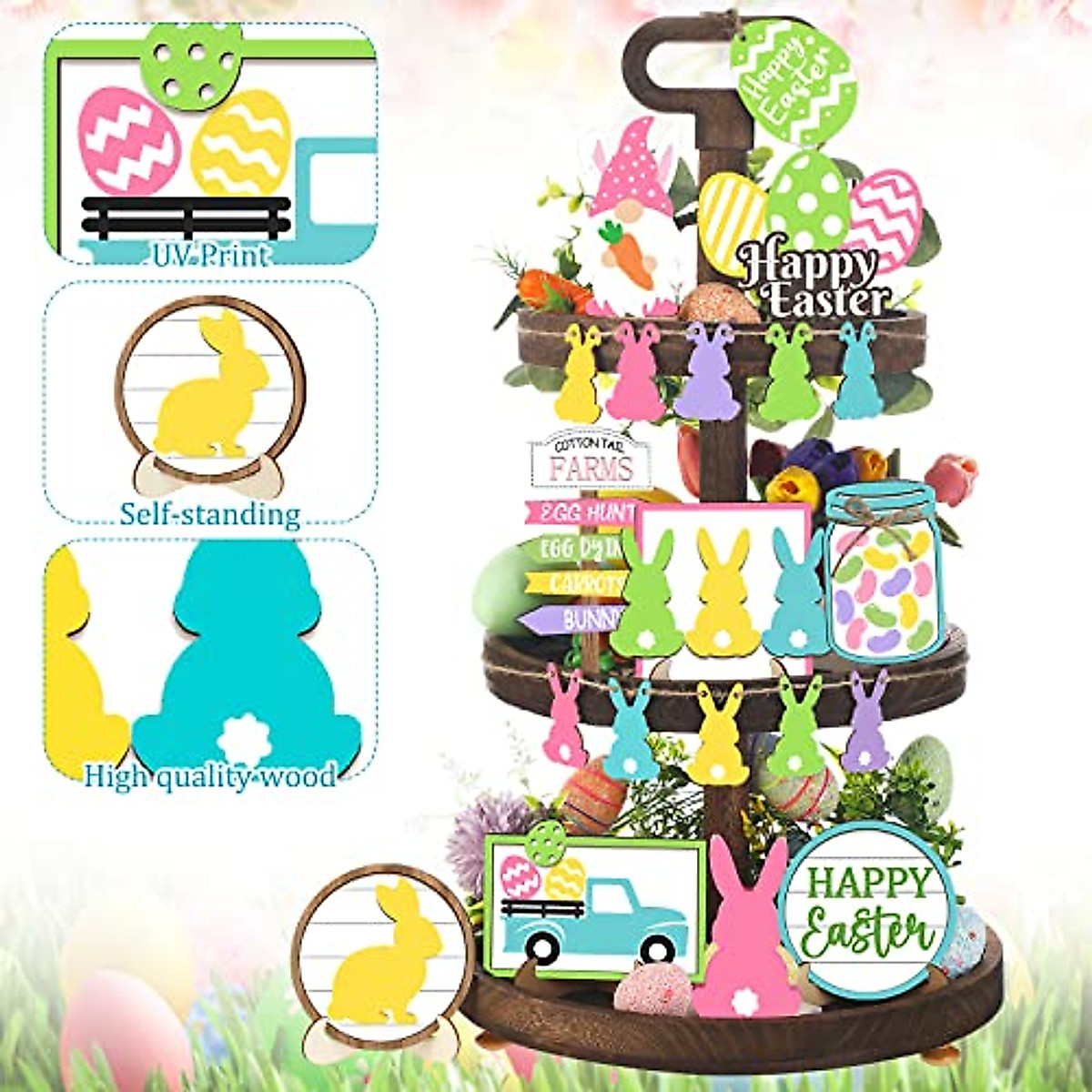 20 Pieces Easter Tiered Tray Decor Easter Decorations Rustic Easter Decor Gnome Bunny Rabbits Eggs Wooden Spring Sign Decorative Trays Signs for Home Table Office Kitchen Farmhouse Party Tabletop