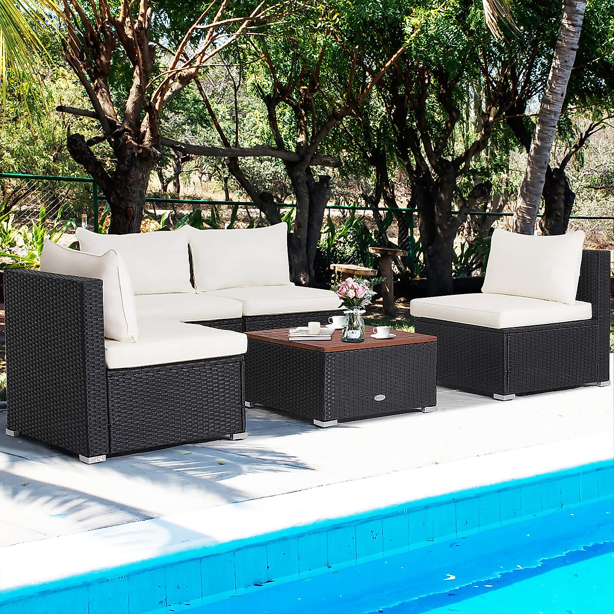 Tangkula 5 Piece Outdoor Patio Furniture Set, Patiojoy PE Wicker Conversation Set with Solid Acacia Wood Tabletop and Soft Cushions, Patio Sectional Sofa Furniture Set for Garden, Poolside (Off White)