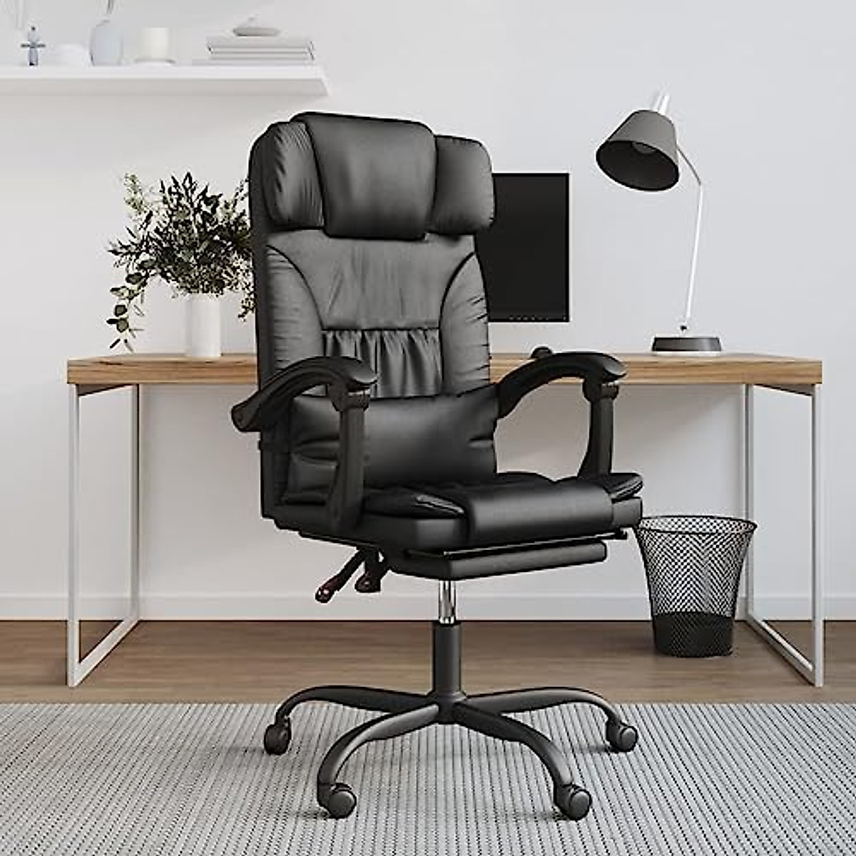 Reclining Office Chair,Rolling Chair,Swivel Chairs,Ergonomic Office Chair,Executive Chair,for Your Living Room,Bedroom,Office,Study,Makeup Vanity, Black Faux Leather