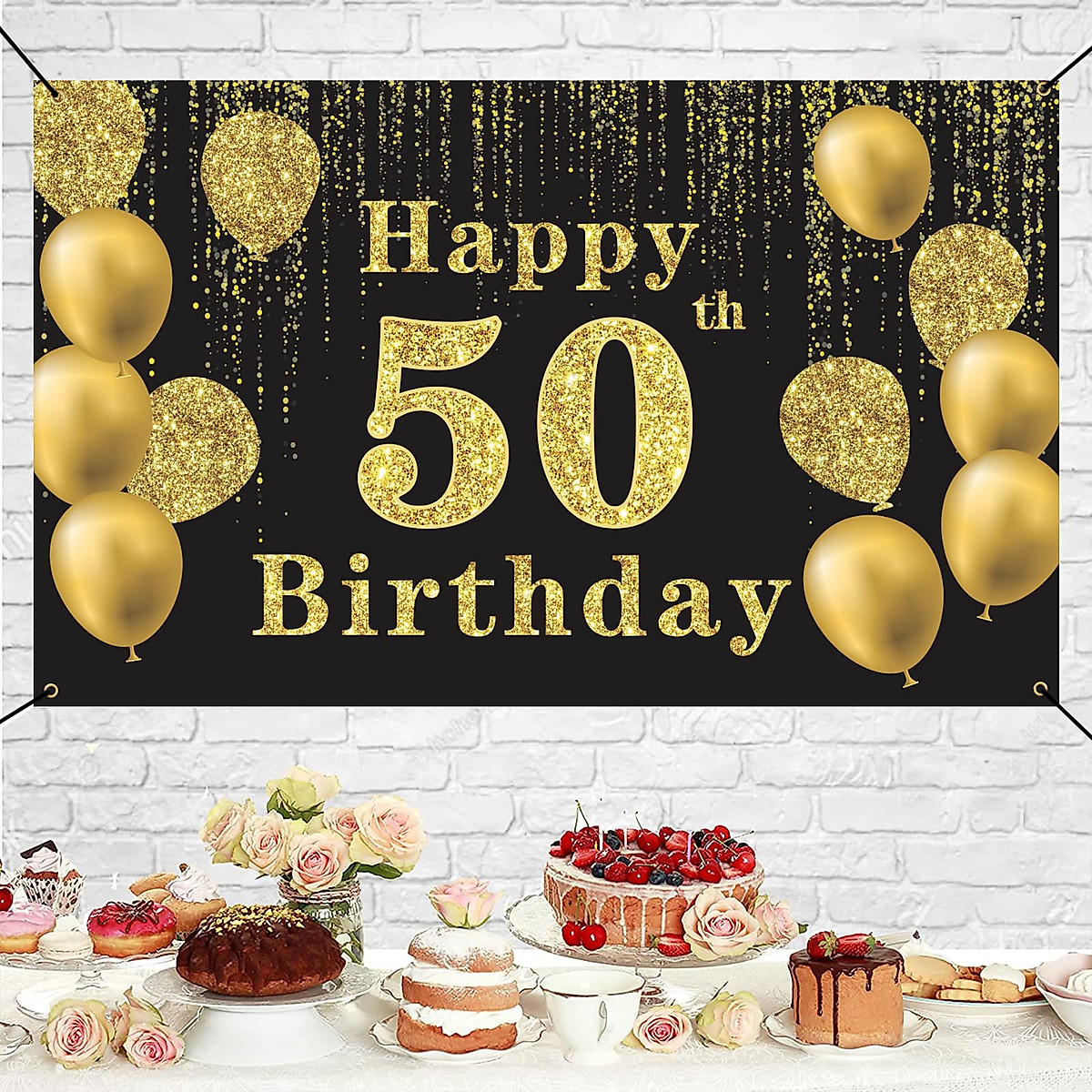 Crenics Happy 50th Birthday Backdrop Banner, Extra Large 50 Birthday Photo Background, Black Gold 50 Years Old Birthday Decorations Party Supplies for Men Women, 5.9 x 3.6 ft