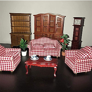 2 Sets 1:12 Scale DIY Dollhouse Sofa&Armchair with Pillow Mini Dolls House Furniture Couch&Chair Miniature Wooden Furniture Handmade Crafts Supplies Red Checkered Dollhouse Toy Dollhouse Accessories
