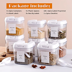 XOTAISM Seasoning Containers with Labels - 9 Pcs Big Plastic Spice Storage Containers with 148 Spice Labels and 9 Spoons - Square Stackable Kitchen Small Airtight Food Storage Containers with Lids