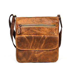 Aaron Leather Goods Women Crossbody bag with Metal Zipper Brown Black (Chestnut)
