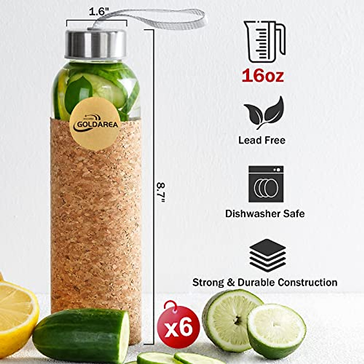 GoldArea 6 Pack Glass Water Bottles with Sleeves, 16 oz Glass Bottles with Stainless Steel Caps, Reusable Sport Water Bottles, Juice Containers with Lids for Fridge, Leakproof Bottles for Beverage