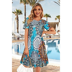 Boho Dresses for Women Summer Spring Sun Beach Tshirt Tie Dye Short Sleeves with Pocket(Bohemian Blue,L)