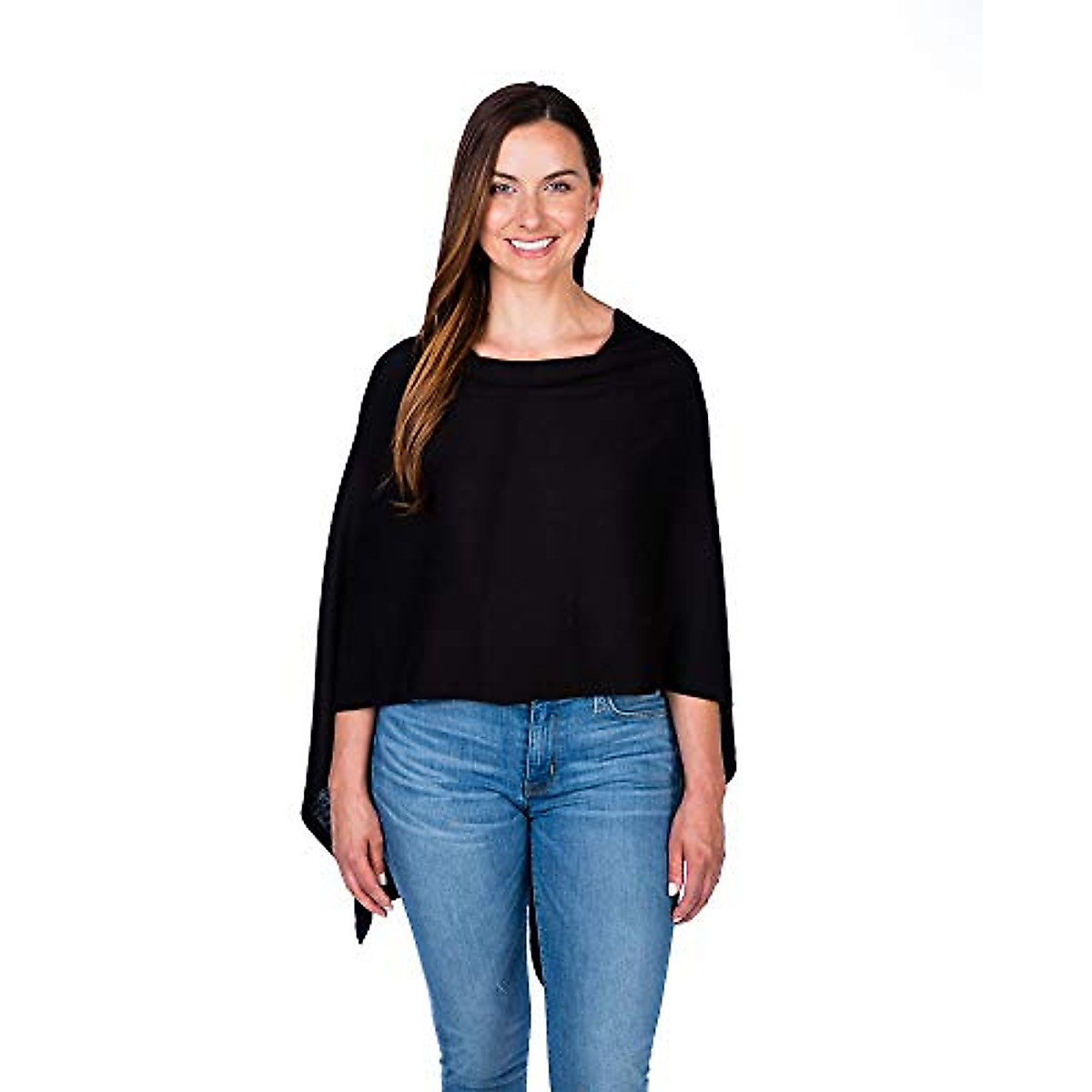 Caroline Grace by Alashan Lightweight & Super Soft Cashmere Blend Poncho - Great Gift Item! 95% Cotton/5% Cashmere Blend - One Size Fit - Black (Ebony)