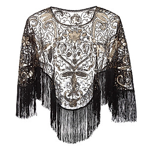 EORUBE 1920s Shawl Wraps Sequin Beaded Evening Cape for Gatsby Party Bridal Shawl Women Evening Cape Flapper Cover Up (Black Gold)