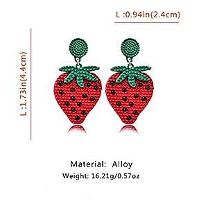 Cute Red Strawberry Watermelon Fruit Drop Earrings Bohemian Beaded Dangle Earrings Sweet Fruit Stud Earrings for Women (Strawberry)
