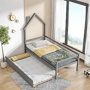 ChicFurnit Twin Size Bed Frame, Wooden Day Bed with House-Shaped Headboard, Platform Bed Frame with Pull-out Trundle & Guardrail for Kids, Floor Bed Frame for Living Room, Bedroom and Guest Room, Grey