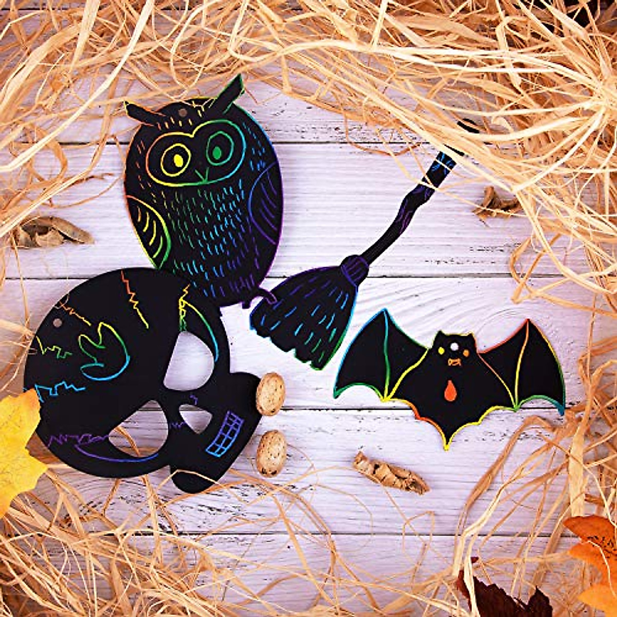 KINBOM 48pcs Halloween Scratch Paper Rainbow Scratch Paper with 12pcs Wooden Styluses and 48pcs Ribbons for Halloween Theme Decor, Various Art&Crafts, Parties Supplies