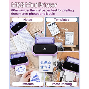 Phomemo M03 Mini Printer, Bluetooth Thermal Printer Mobile Portable Printer for Smartphones, Compatible with 53mm/80mm Thermal Paper, Great for memo,Photo & Notes, Purple