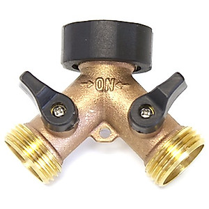 Kasian House Heavy Duty Solid Brass Garden Hose Splitter, Y Valve, 2 Way Connector for Outdoor Faucet, Comfort Grip Handles, 2 Extra Threads