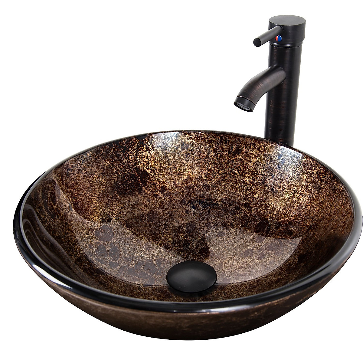 Puluomis 24 Inches Traditional Bathroom Vanity Set in Black Finish, Single Bathroom Vanity with Top and 2-Door Cabinet, Brown Glass Sink Top with Single Faucet Hole