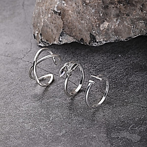 STJERNES 3Pcs 925 Sterling Silver Dainty Ring High Polished Stackable Adjustable Ring Eternity Bands Minimalist Jewelry