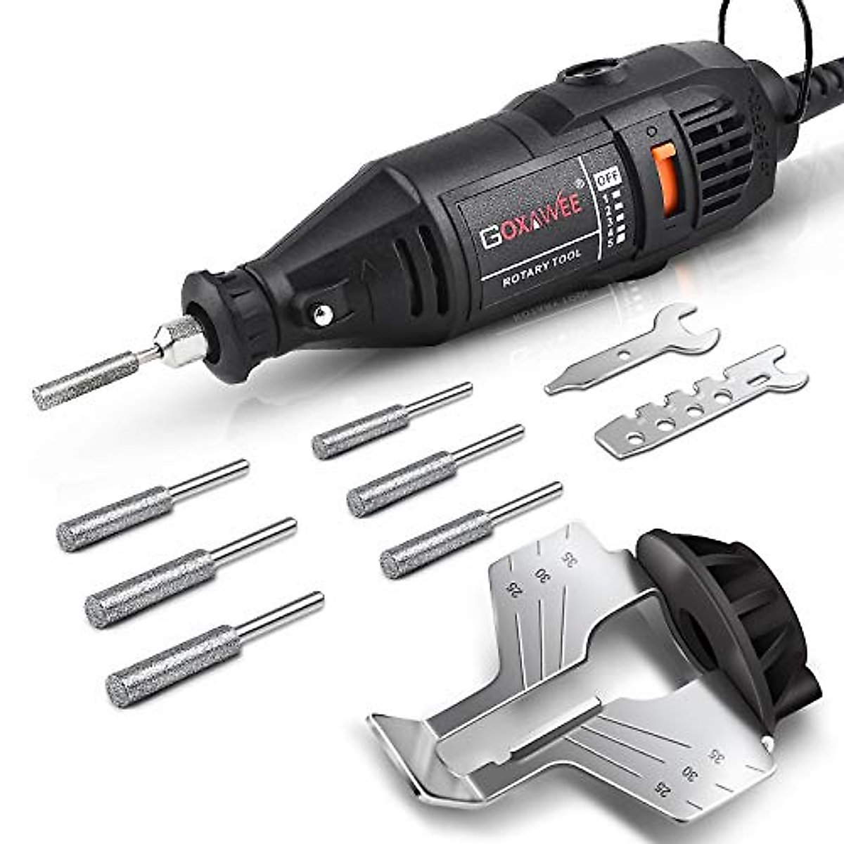 Chainsaw Sharpener Kit - GOXAWEE 140W Power Chain Saw Sharpen Tool Set, Electric Blade Sharpening File Comes with 6pcs Diamond Sharpening Wheels, Angle Guide Attachment for Lumberjack & Garden Worker