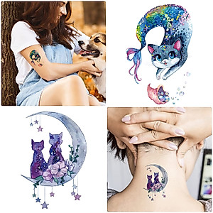 Father.son 12 Sheets Watercolor Cat Temporary Tattoos for Girls Kids, Cute Kitty Waterproof Fake Tattoos Body Art Sticker, Animal Birthday Supplies, Pet Lover Party Favors, Meow Arts and Crafts