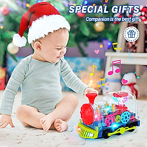 Light Up Transparent Train Toys,Interactive Autism Sensory Toys with Colorful Moving Gears, Music,and LED Effects,Fun Educational Toy for Boys Girls