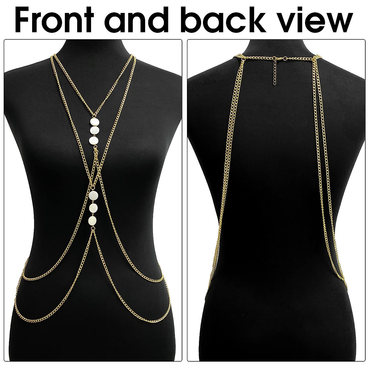 Yomiie Body Chain Layered Sexy Gold Tassels Necklace Fashion White Disc Jewelry Belly Waist Bra Hot Bikini Beach Harness Birthday Anniversary Festival Gift for Women Lady Girls