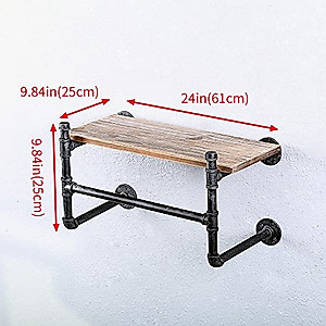 OLDRAINBOW Industrial Pipe Clothing Rack Wall Mounted with Real Wood Shelf,Pipe Shelving Floating Shelves Wall Shelf,24in Retail Clothes Racks Display Rack