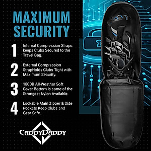 CaddyDaddy Enforcer Golf Travel Bag Soft-Sided Cover with Hard Top Protection, Wheels & Lockable X-Large Zippers. Case for Transporting Golf Clubs on Airlines, 1 Year Travel Case Replacement Coverage
