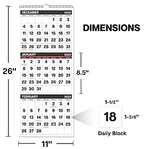CRANBURY 3-Month Wall Calendar 2023 - (Classic, 11x26" Open), Three Months Wall Calendar with 3-Month View, Big Wall Calendar, Spiral Bound, Ships Folded