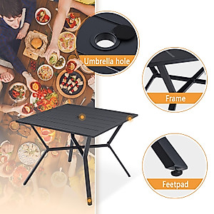 VICLLAX 5 pcs Patio Dining Table and Chairs Set, 4 Outdoor Reclining Folding Sling Chair with Armrest & 1 Square Patio Dining Table with 1.57" Umbrella Hole(Dark Blue/Black)