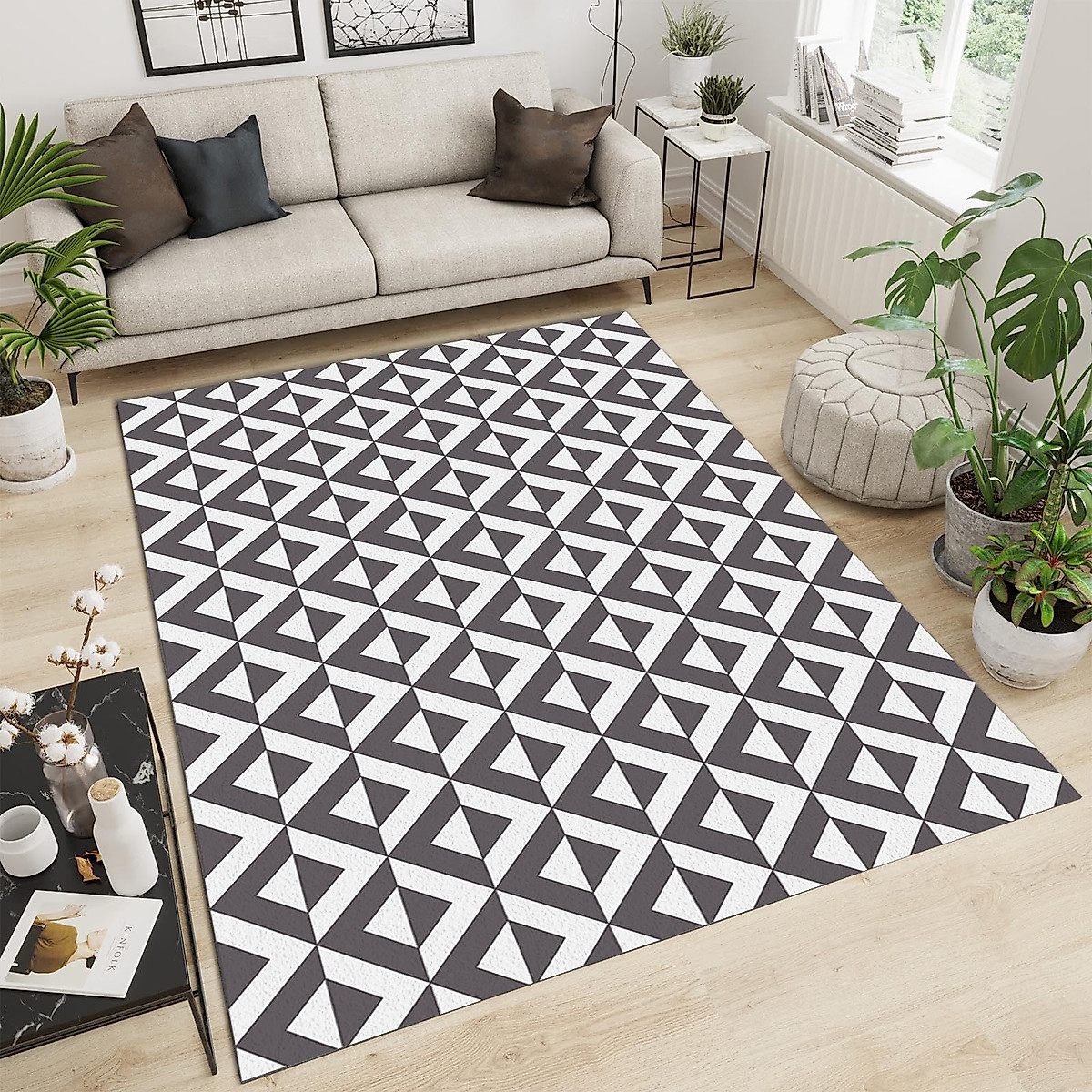 Abstract Black and White Geometric Irregular Print Area Rugs, Retro Irregular Gray Diamond Stripe Art Bedroom Rug, with Anti-Slip Backing Washable Carpet for Living Room Study Dining Room -5' x 7'