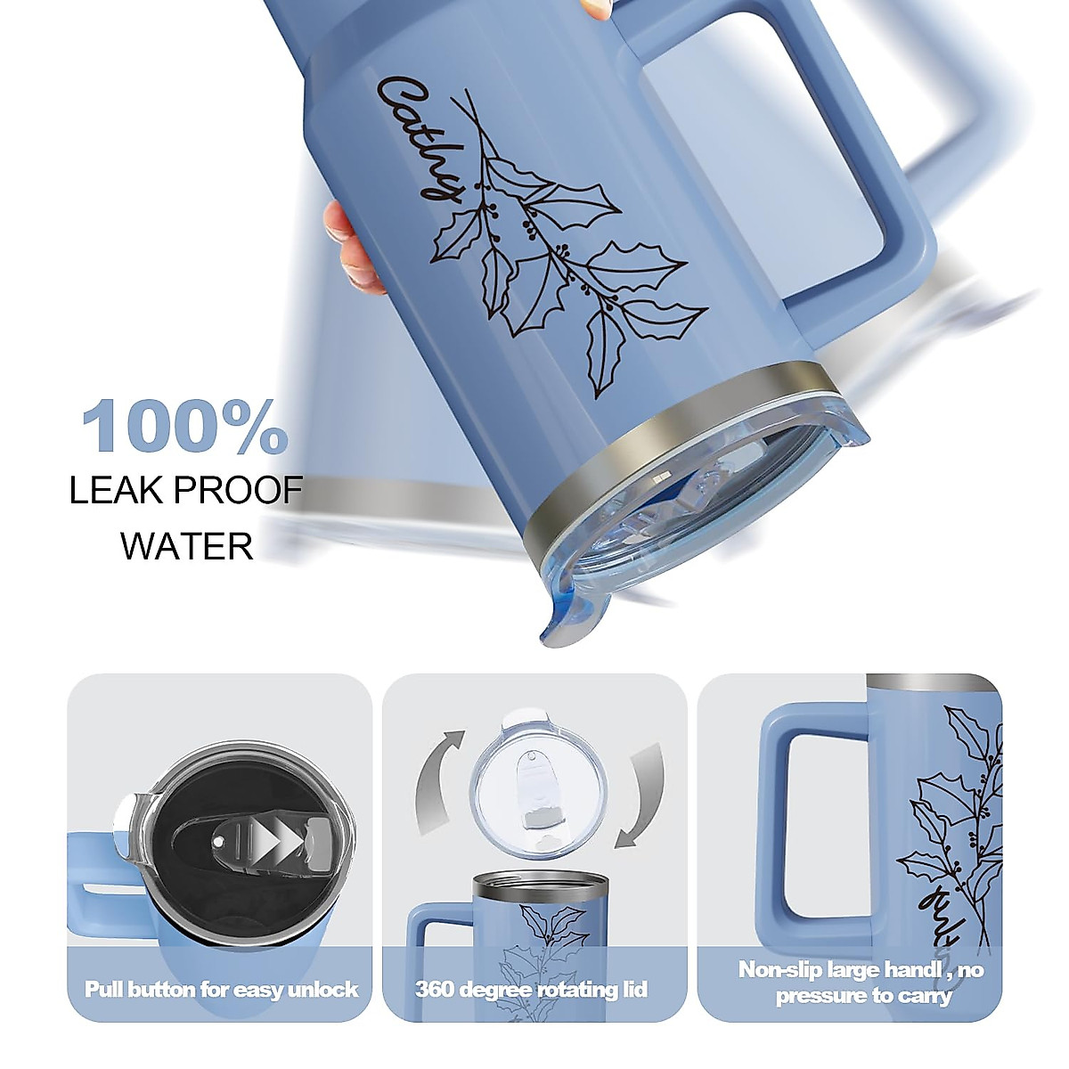 Personalized Gifts 40 Oz Tumbler with Handle and Straw Lid with Names and Birth Flower, Custom Stainless Steel Double Walled Vacuum Insulated Cup, Customized Photo Gifts for Women Men