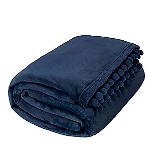 PAVILIA Navy Blue Throw Blanket Pom Pom for Couch Bed Sofa, Fleece Soft Fuzzy Cozy Lightweight Pompom Fringe Blanket, Decorative Boho Room Home Decor Gift Flannel Velvet Throw, Dark Blue, 50x60
