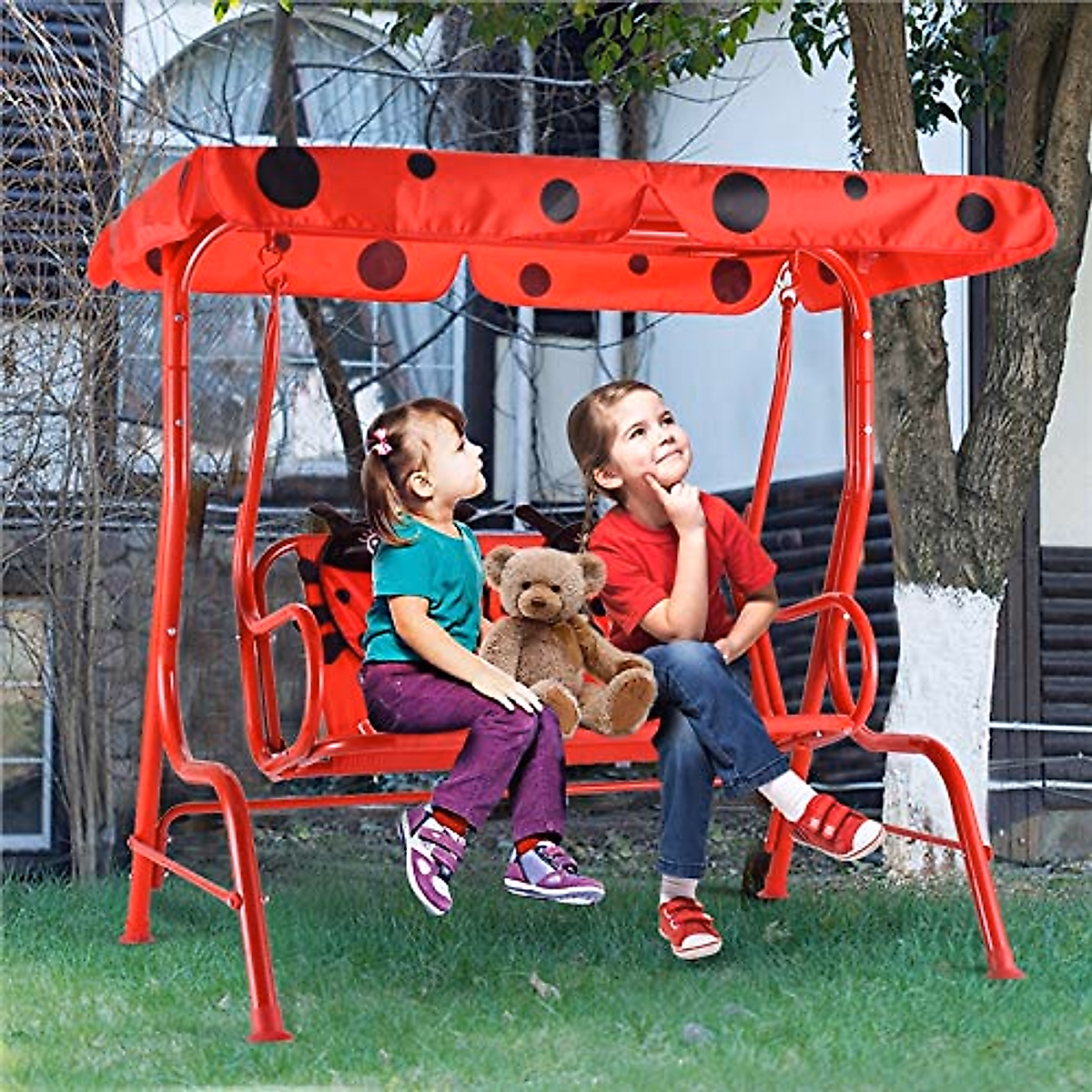 HONEY JOY Kids Patio Swing, 2-Seater Outdoor Porch Swing Lounge Chair W/Canopy & Safety Belt, All Weather Resistant Waterproof Hanging Swing Bench for Patio Garden Poolside Balcony(Red Beetle)