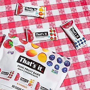That's it. Mini Fruit Bars (Variety 24 PACK) No Sugar Added, Plant-Based, Vegan & Gluten Free, Breakfast Bar, Paleo, for Children & Adults, Non GMO, Fiber (8 Blueberry, 8 Strawberry, 8 Mango)