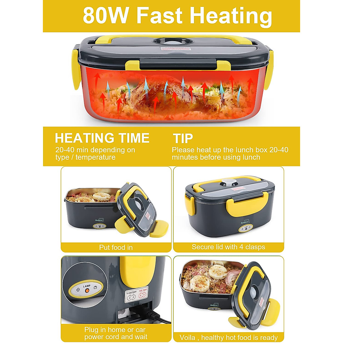 Buddew Electric Lunch Box 80W Food Heater for Adults, 12/24/110V Portable Lunch Warmer Upgraded Heated Lunch Box for Car/Truck/Office with SS Fork&Spoon and Insulated Carry Bag(Yellow)