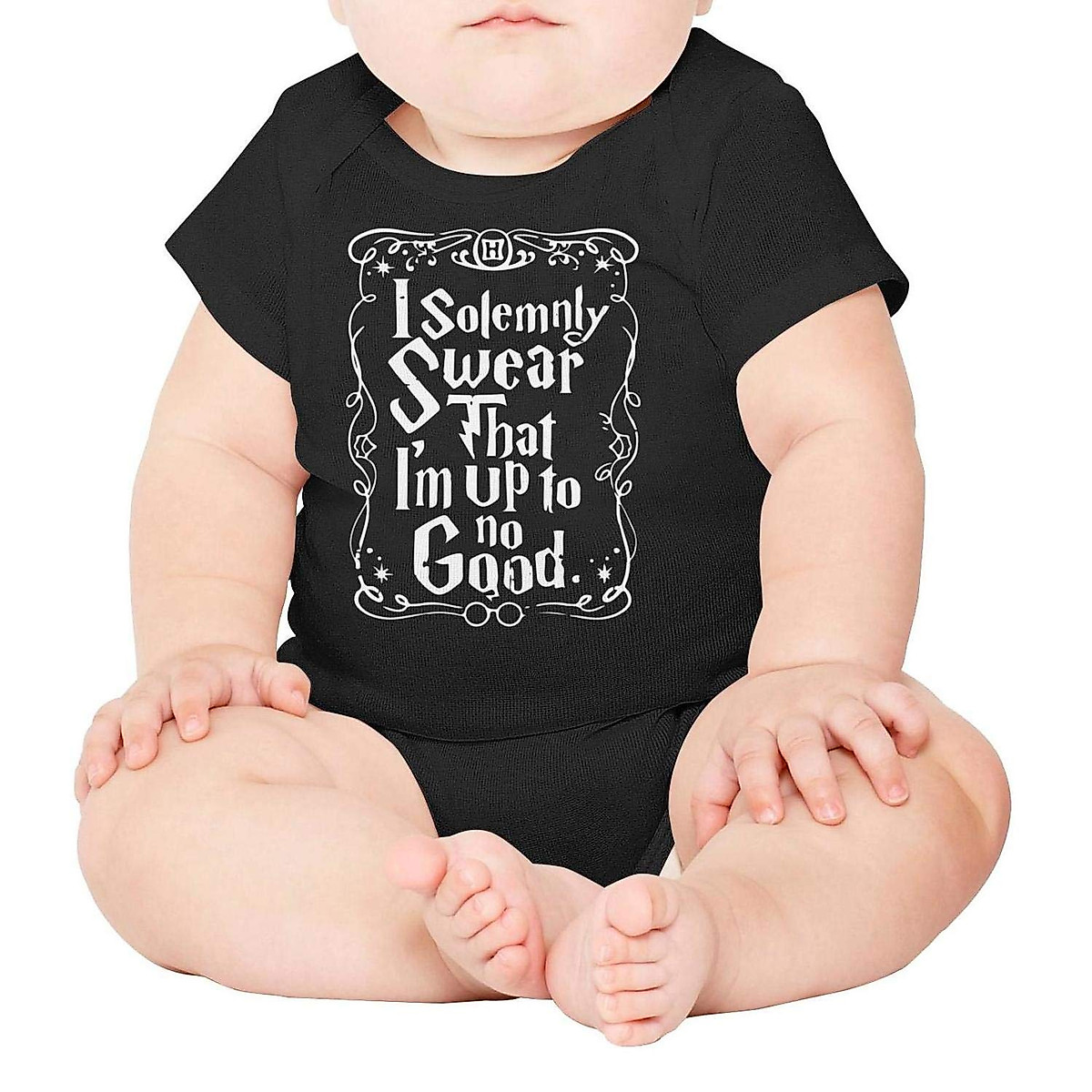 Migsrater Unisex Baby I Solemnly Swear That I Am Up to No Good One Piece Bodysuit Black, 12-18 Months