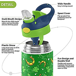 xigua Saint Patrick's Day Kids Water Bottle Double Walled Stainless Steel with Plastic Straw Wide Handle BPA-Free Leakproof Duck Mouth for Toddlers,Girls,Boys,12 oz
