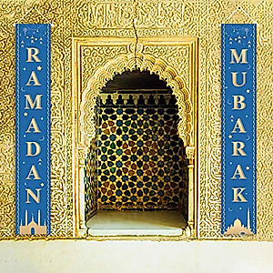 HONGFENG Ramadan Mubarak Porch Sign,Eid Mubarak Banner Indoor Outdoor Front Door Hanging Sign for Ramadan Mubarak Party Decoration (Blue)