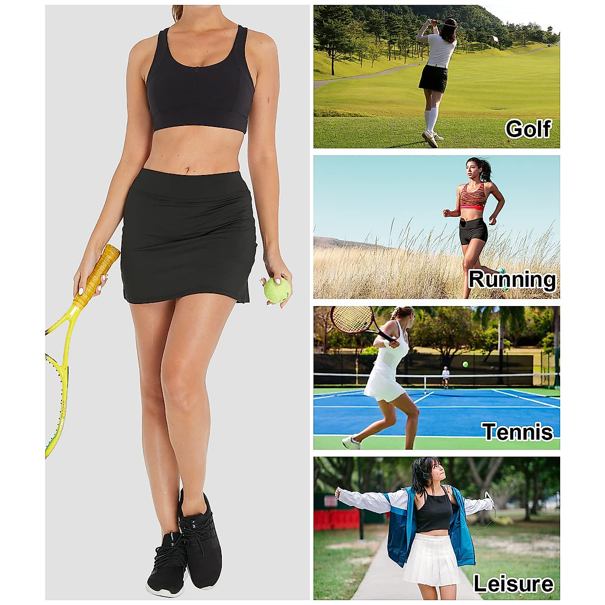 Cityoung Womens Athletic Pleated Golf Skirts with Pockets Tennis Skirt High Waisted with Shorts Running Workout Black L