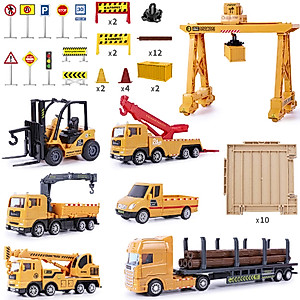 iPlay, iLearn Construction Truck Toy Set, Cargo Transport Vehicles Site Playset, Gantry Crane, Trailer, Logging, Pickup Tow Trucks, Forklift, Birthday Gift for 3 4 5 Year Olds Boys Kid Toddler Child