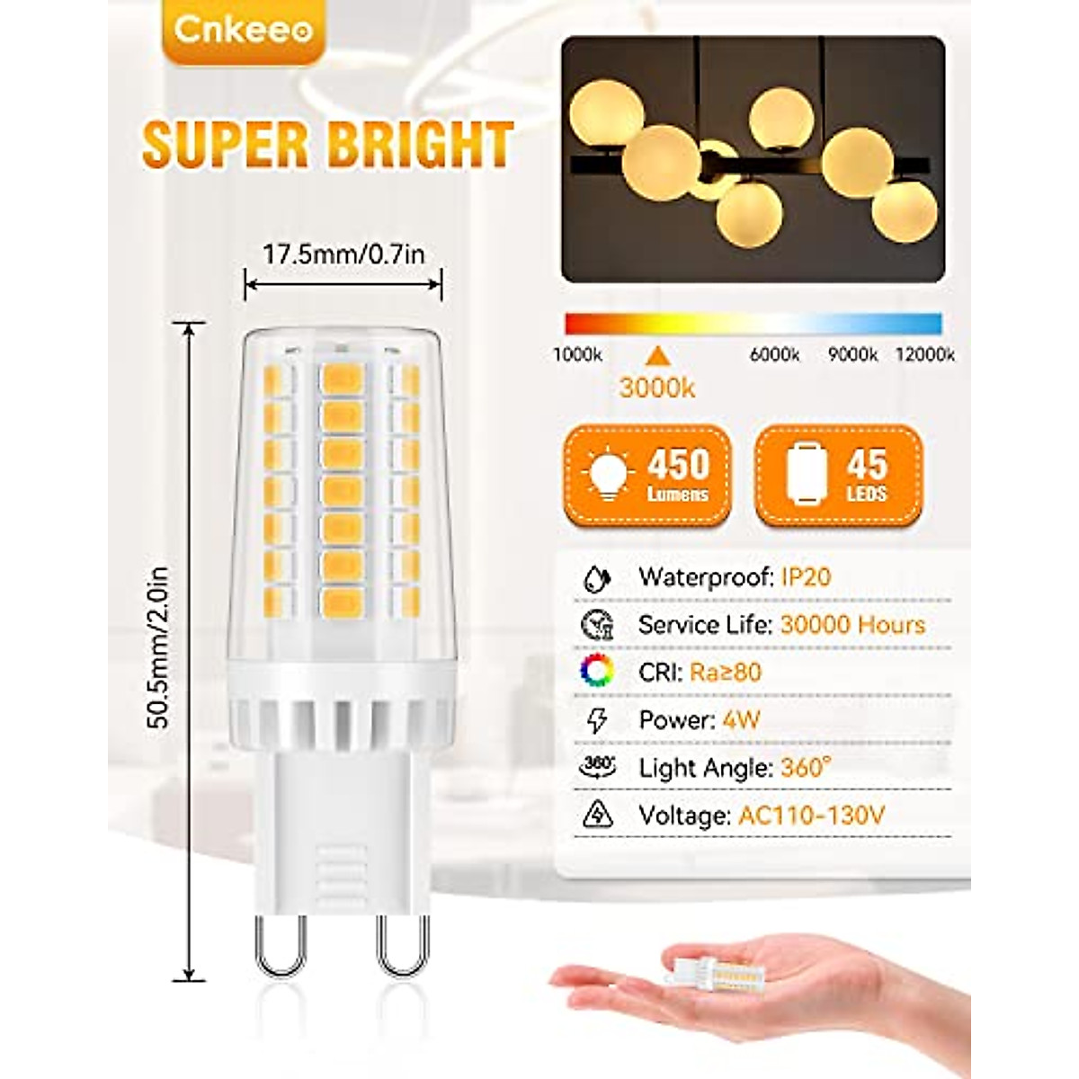 Cnkeeo G9 LED Bulb Warm White 3000K, 4W G9 LED Light Bulbs 40W Halogen Equivalent, 450 Lumen, 360° Beam Angle, Non-Dimmable, No Flicker, 6 Pack Bi-pin G9 Base Bulbs for Chandeliers Home Lighting