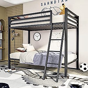 ikalido Metal Bunk Bed Twin Over Twin Size, Heavy Duty Twin Bunk Beds with Safety 14" Guard Rail & Sturdy Inclined Ladder, Space-Saving/No Box Spring Needed/Matte Black