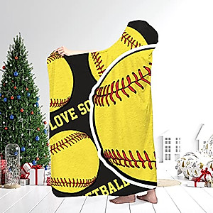 Custom Softball Hooded Blanket, I Love Softball Blankets and Throws, Softball Stuff for Girls Oversized Wearable Hooded Sports Blanket Adult Hooded Blanket for Boys Girls Adults
