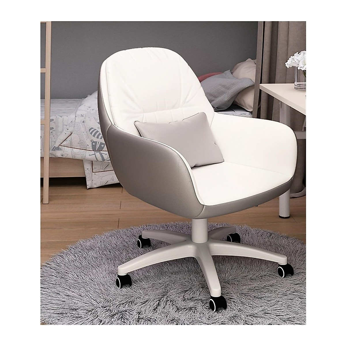Home Office Desk Chairs, Swivel Chair Cute Leather Computer Office Dressing Table Chair for Women, Ergonomic Height Adjustable Swivel Chair (Color : Gray and Off-White)