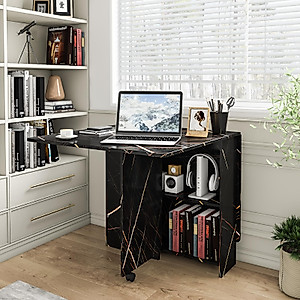 VANSPACE Folding Dining Table Drop Leaf Kitchen Table with Storage for Small Spaces Multifunction Space Saving Table Extension Dinner Table Black Marble