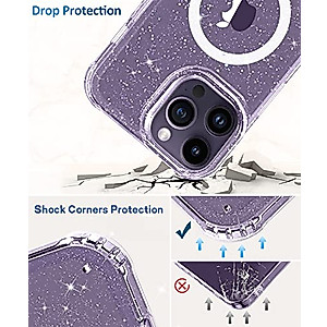 MIODIK Magnetic Glitter Case for iPhone 14 Pro with Screen Protector + Camera Protector, [Compatible with MagSafe] [Non-Yellowing] Shockproof Protective Slim Women Bumper Phone Cover 6.1" (Clear)