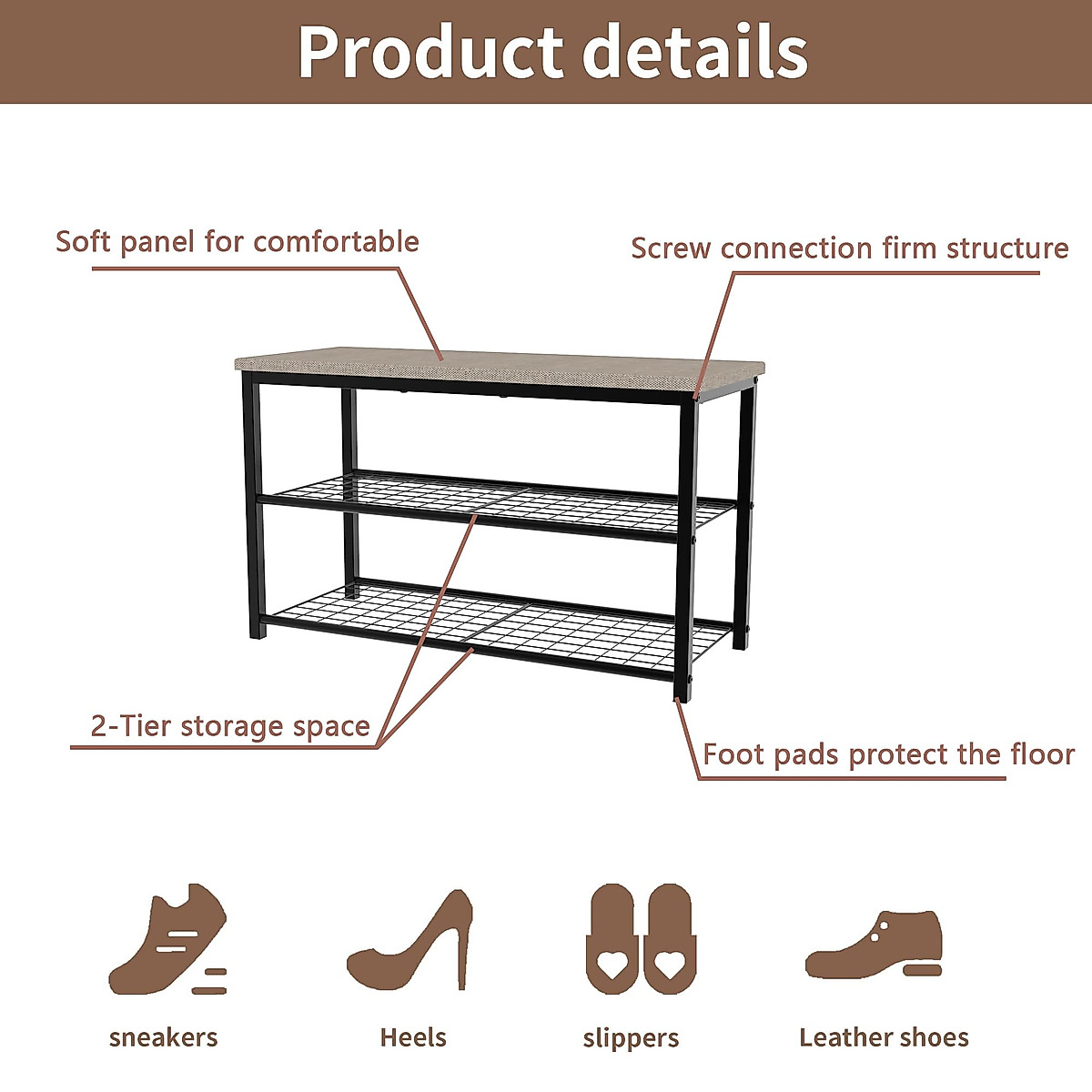 Rooflare Shoe Bench, 3 Tiers Shoe Rack for Entryway, Storage Organizer with Two Iron Shelf and top for Board, Shoe Shelf, Metal Steel Frame, Black, Durable